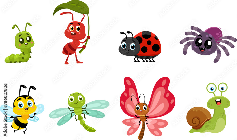 Cute Insects Animals Cartoon Characters. Vector Flat Design Collection ...