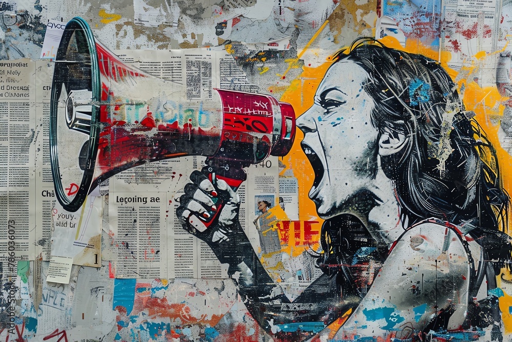 Graffiti of an iconic woman screaming into a megaphone, advocating for ...