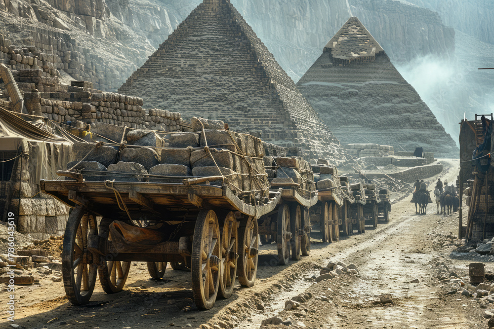 A detailed scene showing the intricate system of sledges and rollers ...