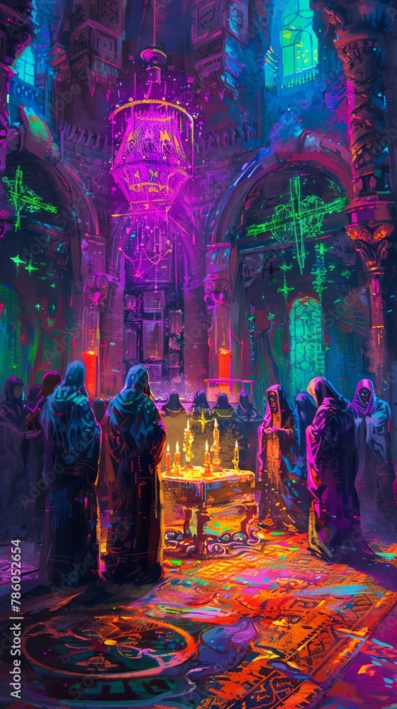 Using vibrant acrylic colors, create a striking image of the sanctuarys ...