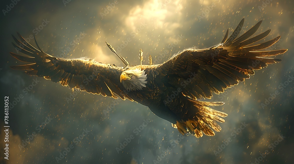 An evocative scene where a bald eagle flies against a stormy sky, clutching an olive branch and ...