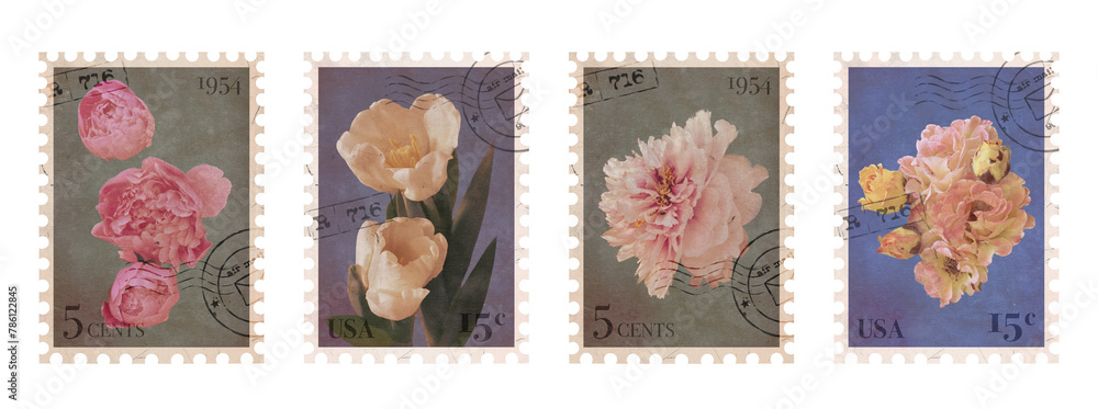 Set of Floral vintage Postage Stamp. Retro Printable post stamp with ...