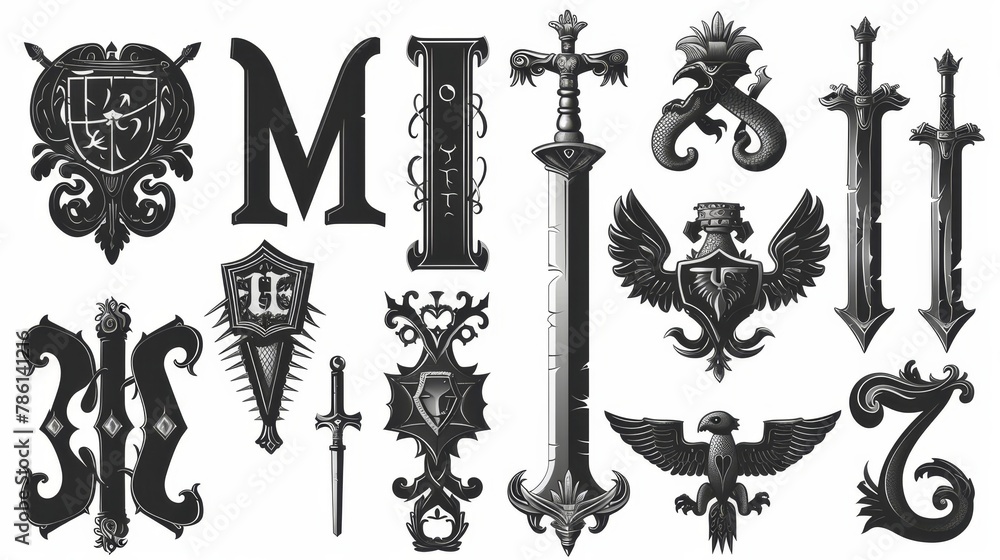 Black and white calligraphic alphabet letters, numbers, symbols and ...