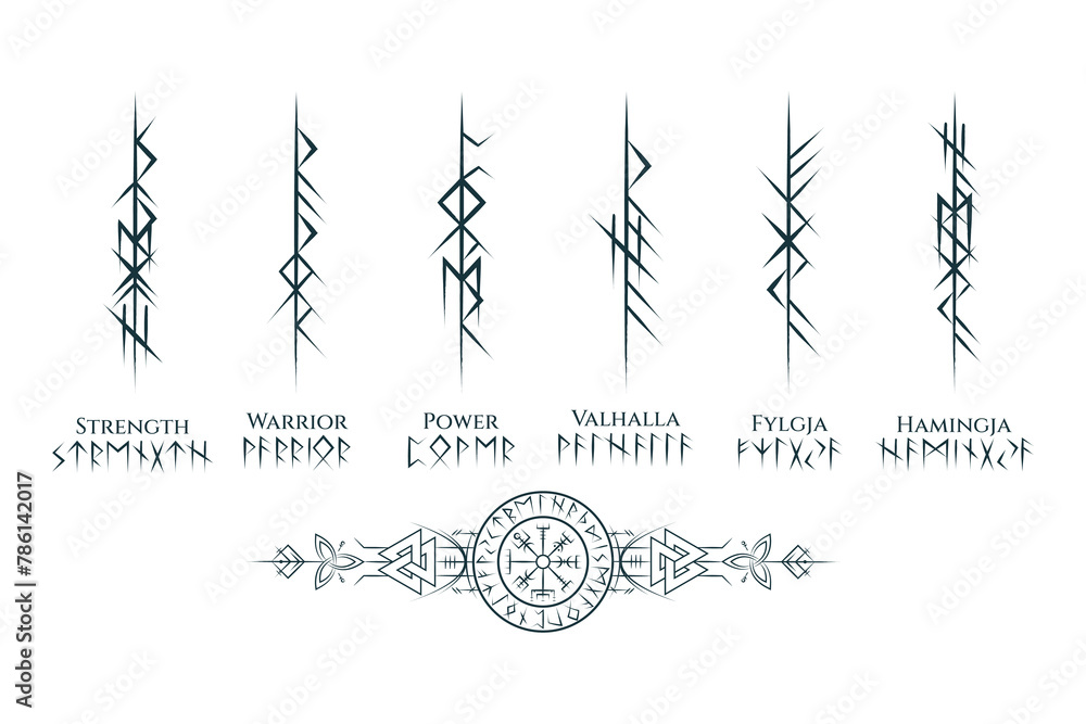 Viking runes and symbols collection. Hand drawn isolated set of pagan norse sign vegvisir ...