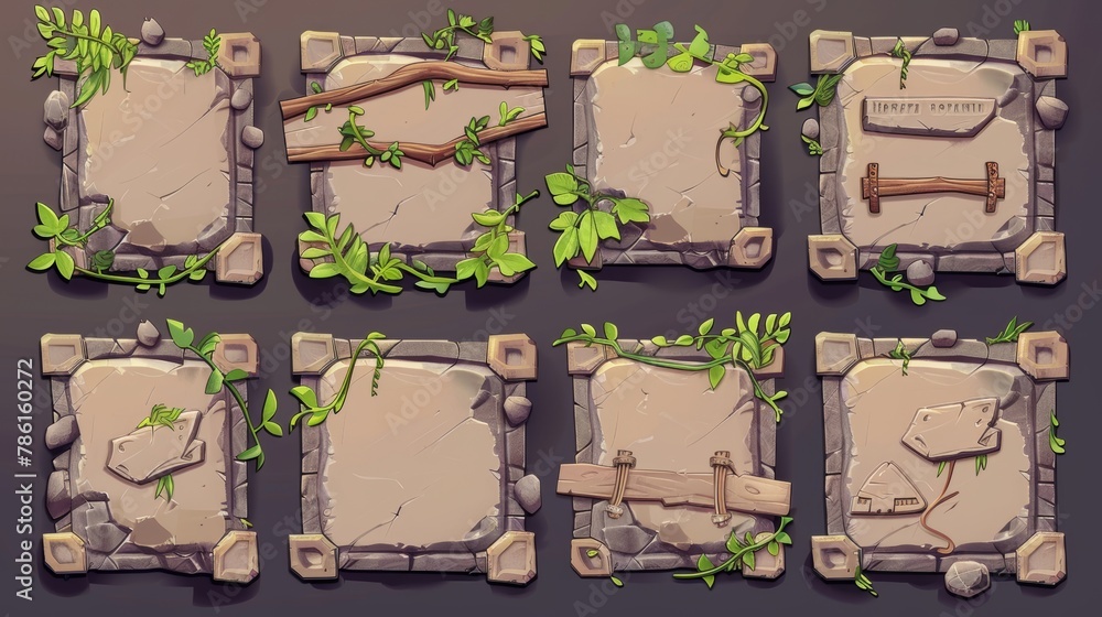 Boards and arrows of rocky texture with lianas on them. Ui and GUI ...