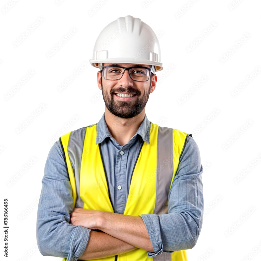 Builder portrait, man with crossed arms and smile, architect or ...