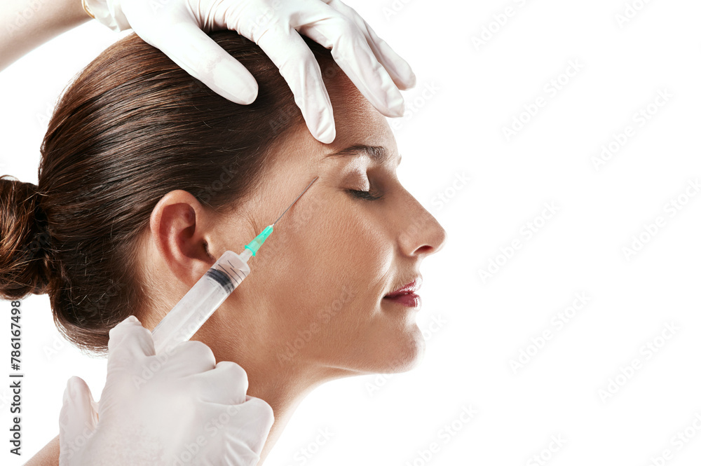 Woman, hand and injection for eyebrow filler in studio or cosmetic ...