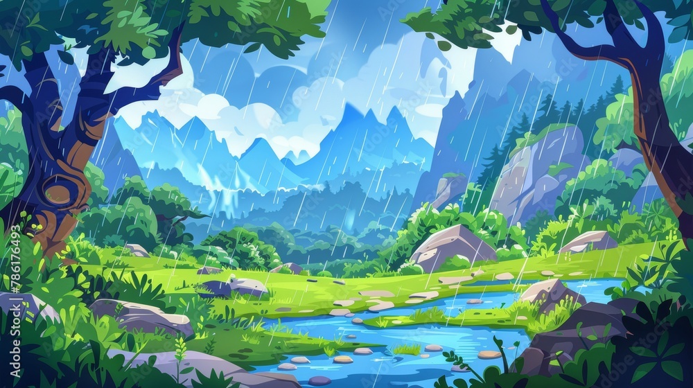 A wet day in a mountainous forest. Modern cartoon illustration of rain ...