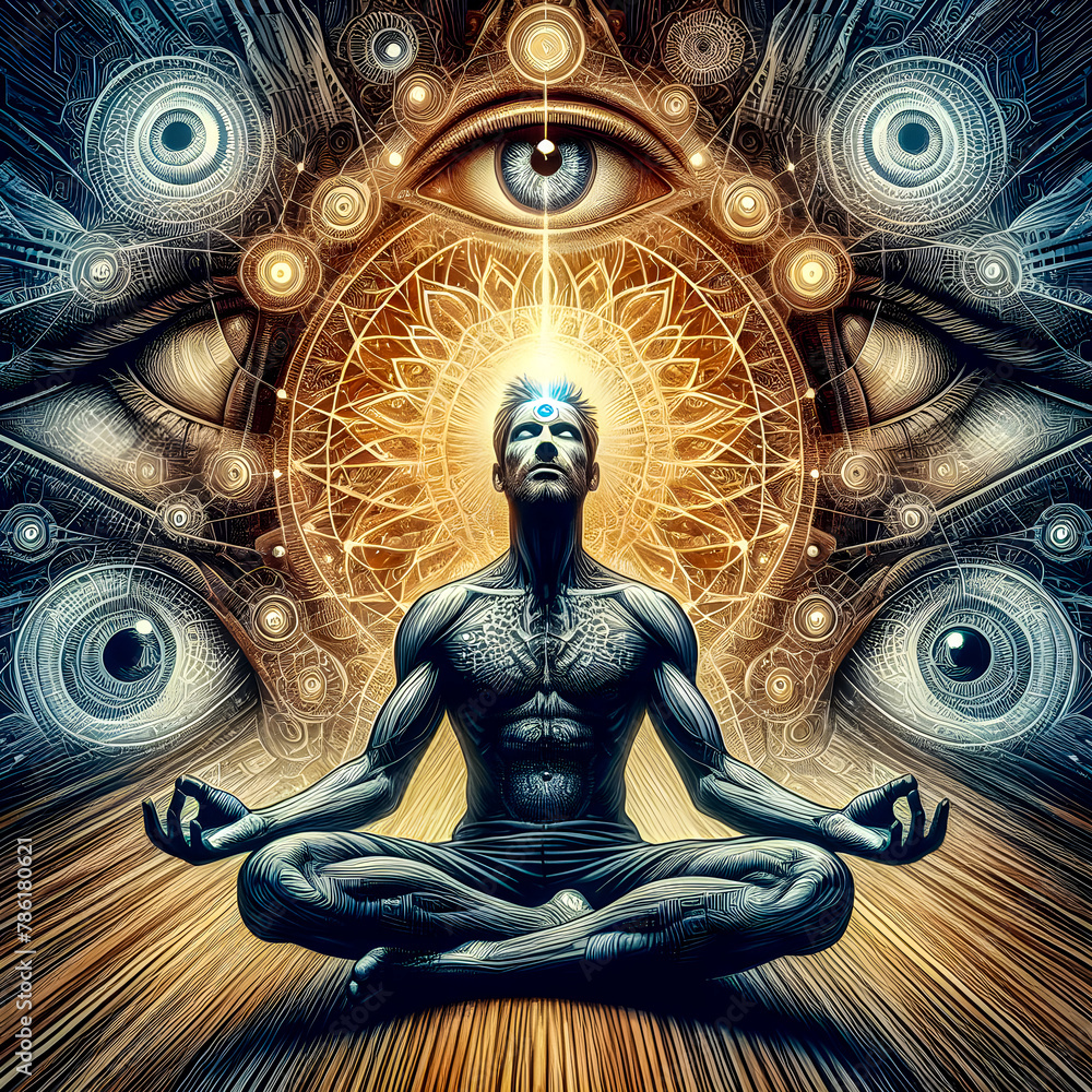 Illustration of a human meditating to open the third eye to communicate ...