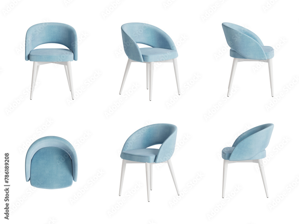 Set of six views of a modern chair with a velvet light blue cover, and ...