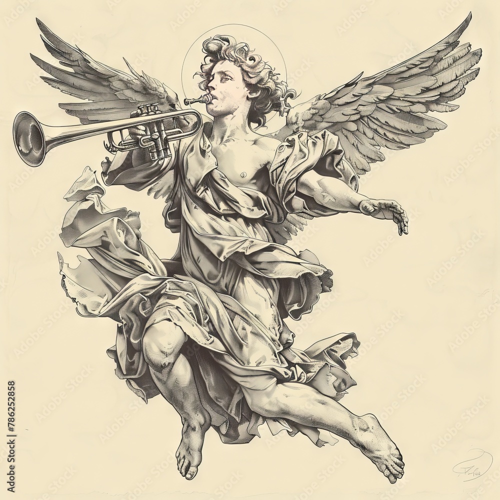 an old sketch of a Angel flying and trumpet on pipe, Sketch, Drawing ...