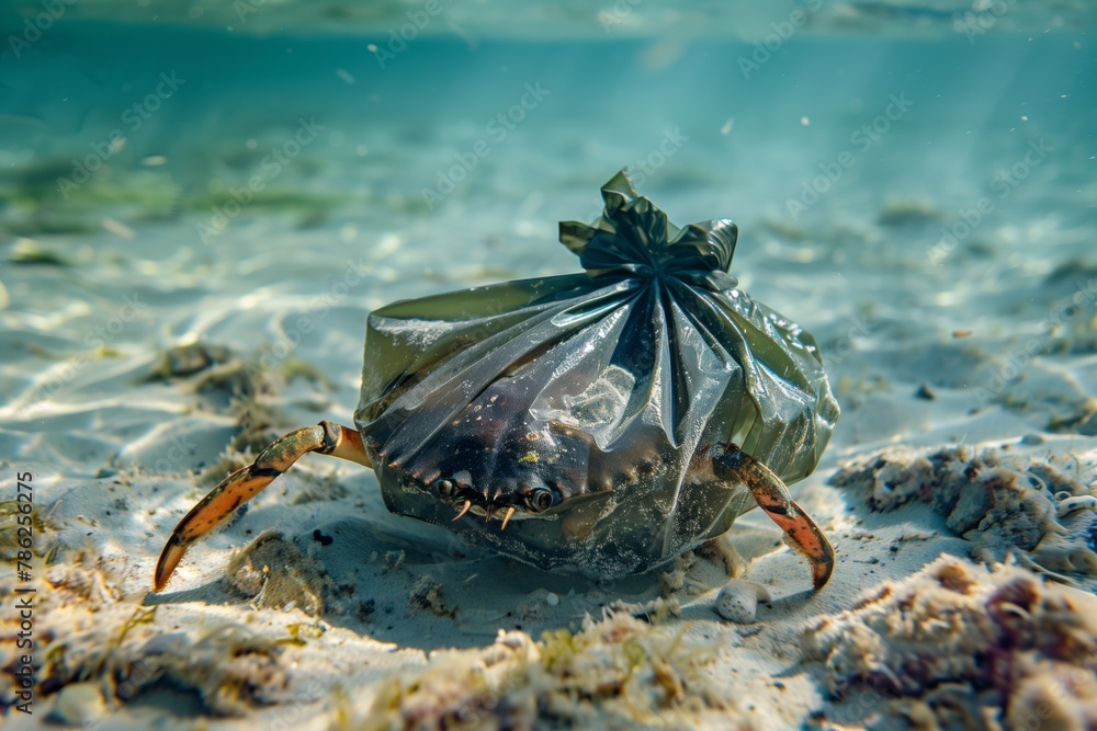 The plastic bag littered the crab trap. Crabs cannot get caught in the ...