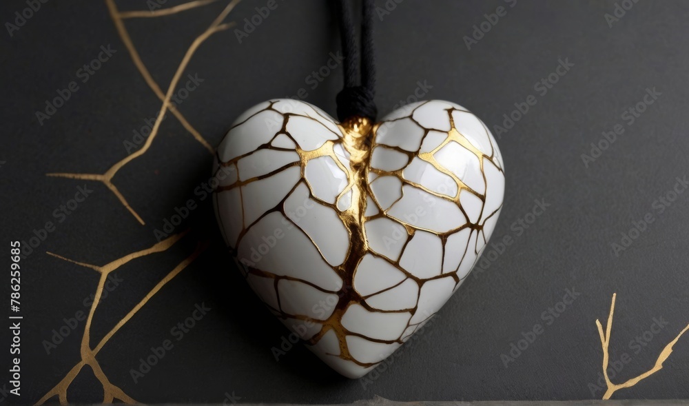 Kintsugi Upcycled white porcelain ceramic heart with golden cracks ...