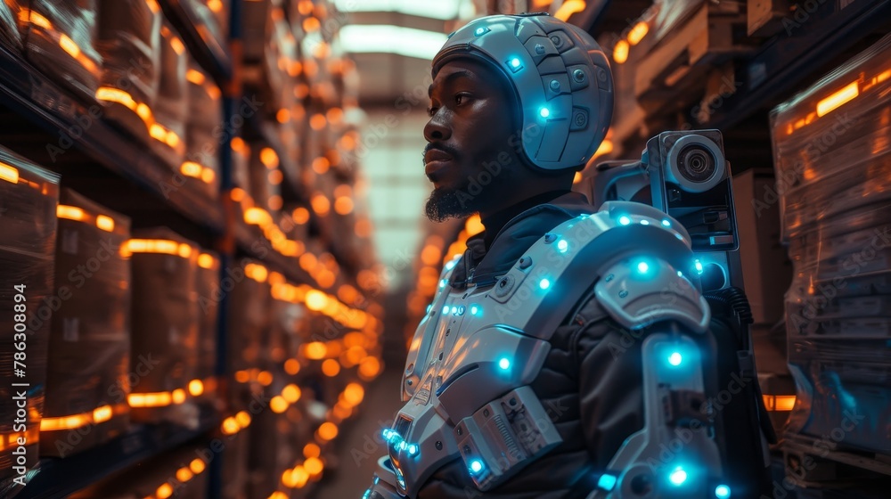 Worker in future bionic exoskeleton suits is picking up boxes in a ...