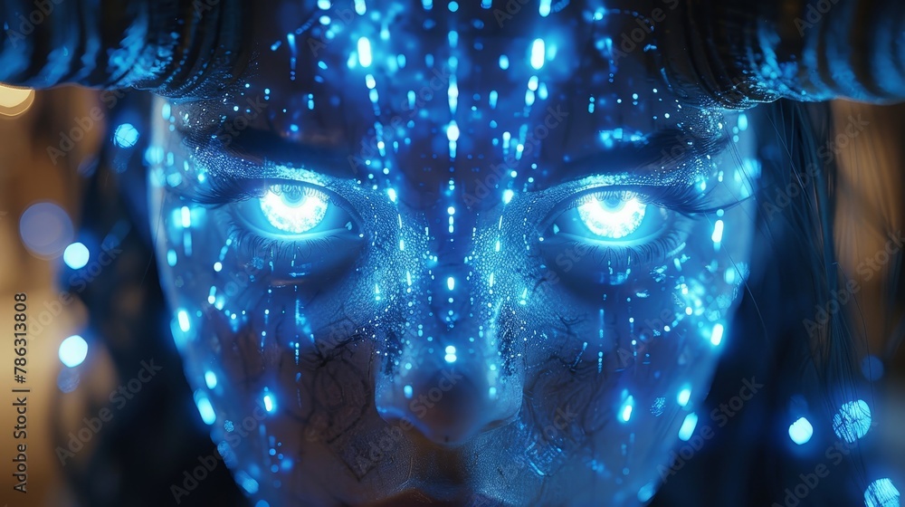 Illustration Stock An evil in image is a scary AI robot face with horns ...