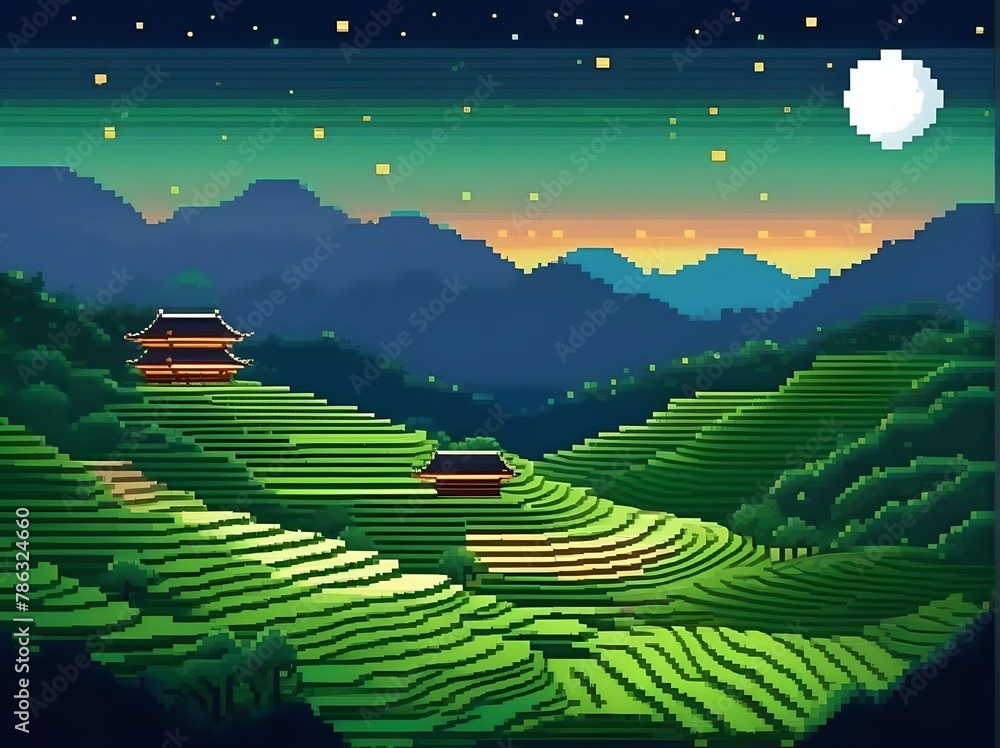 Traditional Pixel Art Painting of Rice Paddy Field Terraces with ...
