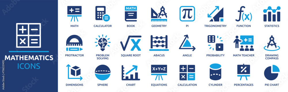 Mathematics icon set. Containing math, geometry, calculator, statistics ...
