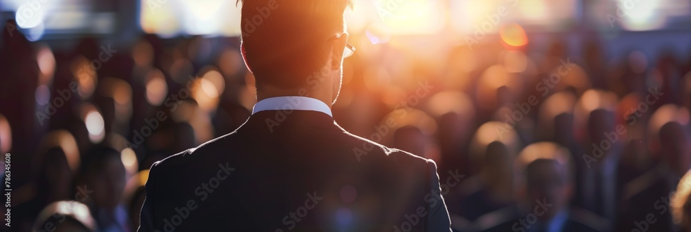 A confident businessman stands with his back to the camera, looking ...