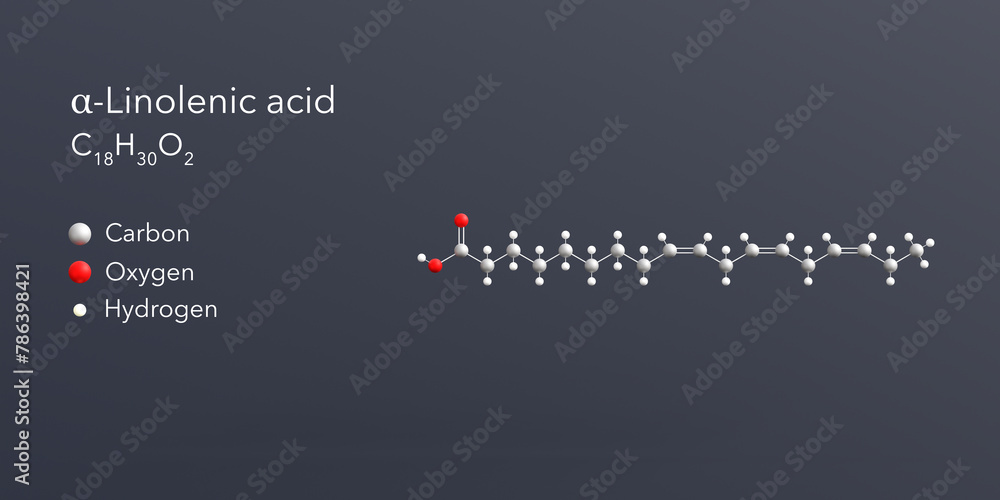 a-linolenic acid molecule 3d rendering, flat molecular structure with ...