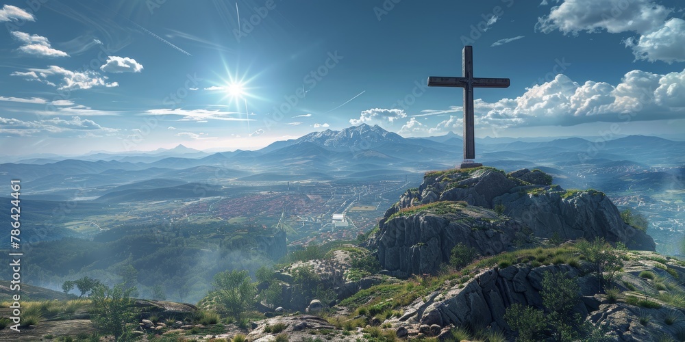 Christian cross, mountain, sunrise horizon, scenery, or nature for ...
