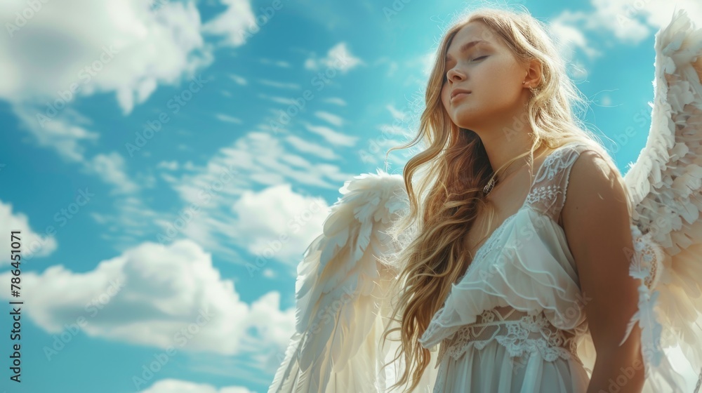 Beautiful angel with white wings and long blonde hair against a sky ...