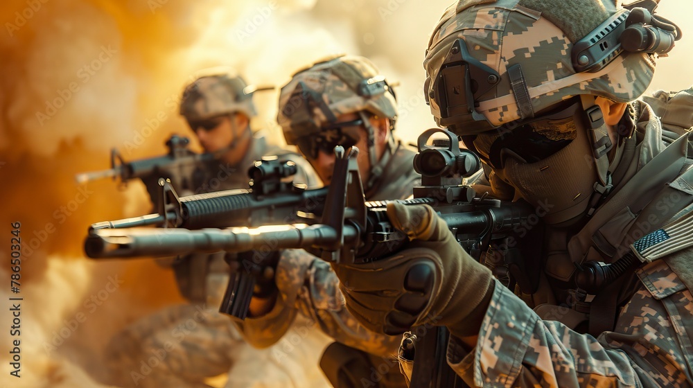 army soldiers fighting with guns and defending their country. In ...