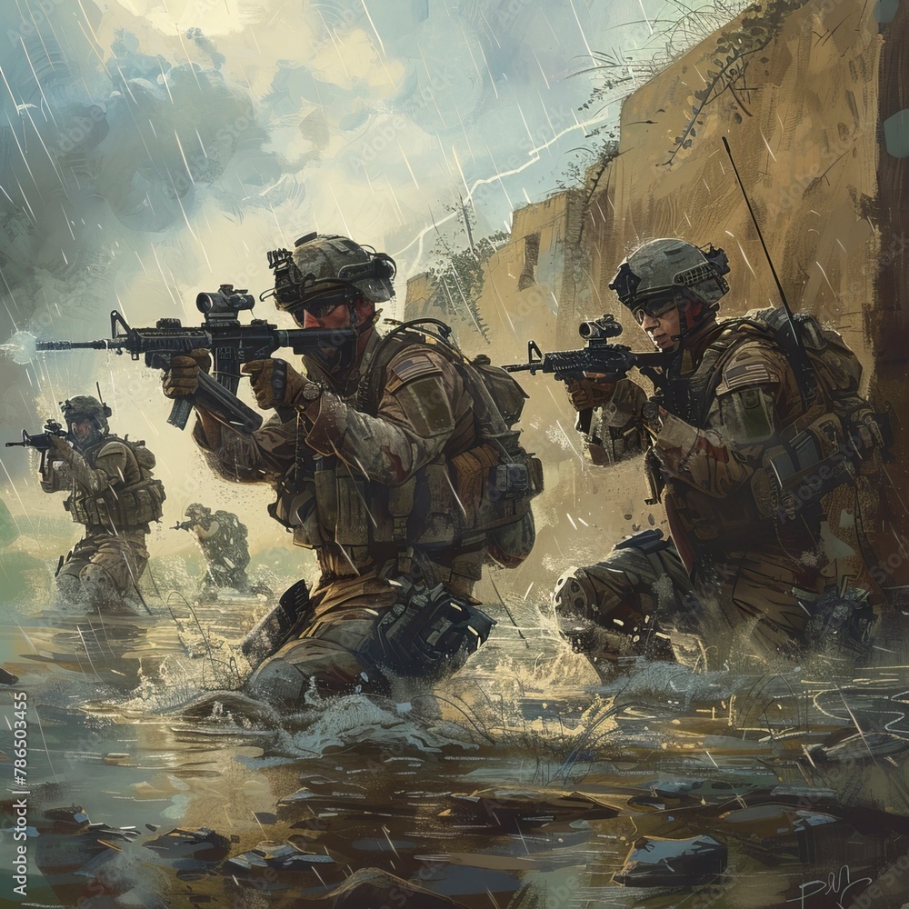 army soldiers fighting with guns and defending their country. In ...