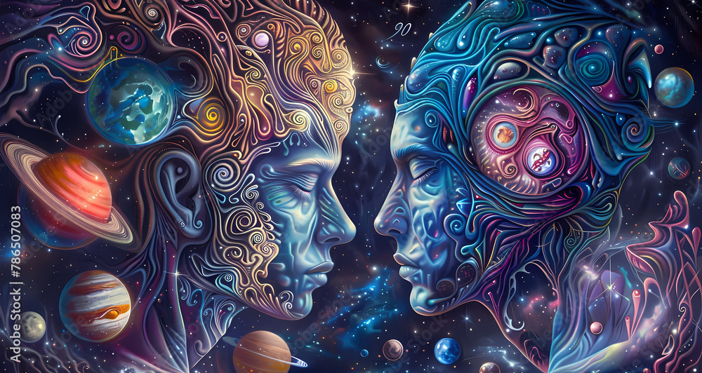 Twin flame soulmates amidst a cosmic backdrop, their connection ...