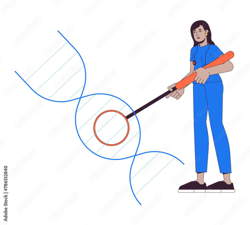 Female doctor researching dna helix 2D linear cartoon character ...