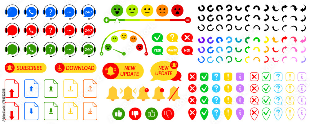 Set of arrows. Turn over, flip, reverse signs. Check mark, cross and ...