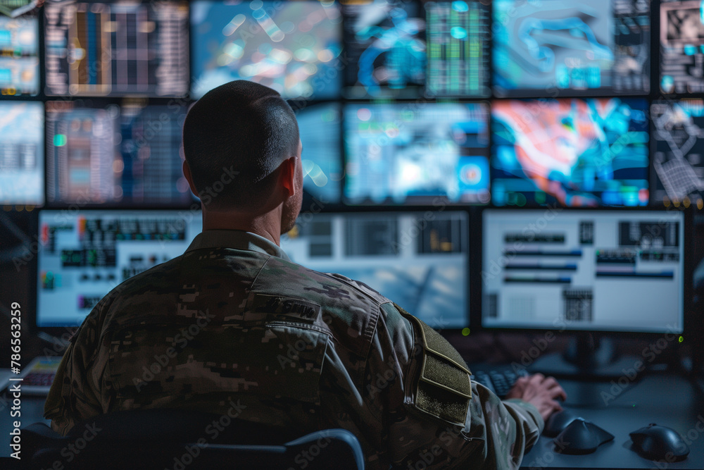 A focused military surveillance officer monitoring screens of data in a ...