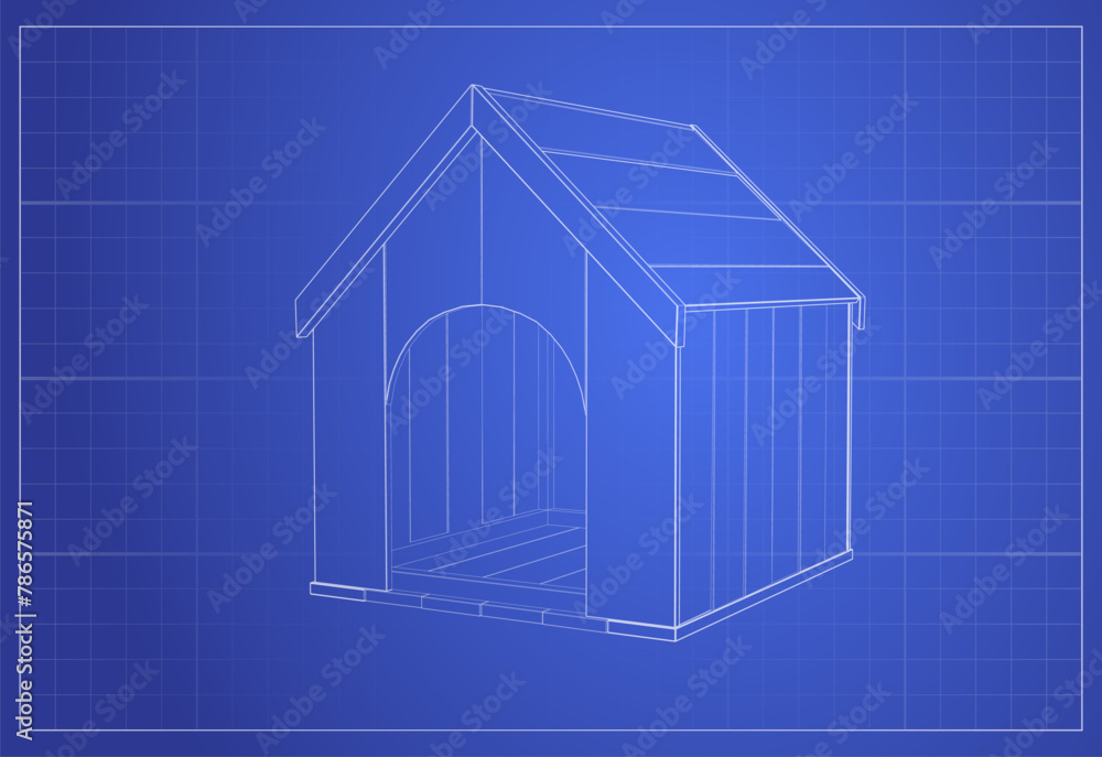 Technical drawing of a dog house, white lines on a blue background ...