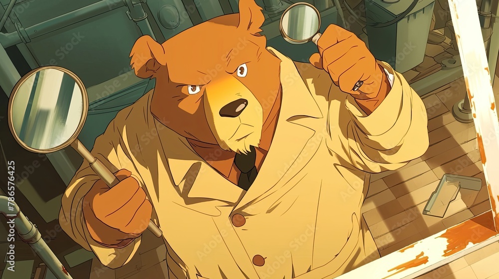 Serious detective bear in trench coat and fedora, with magnifying glass ...