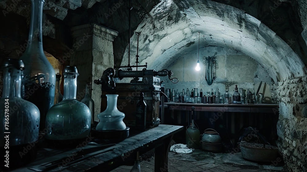 Medieval laboratory, apartment for alchemy, experiments. Deep ...