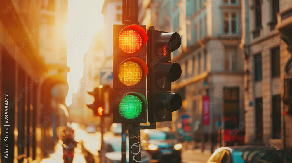 An old-fashioned traffic light in a historic district, surrounded by ...