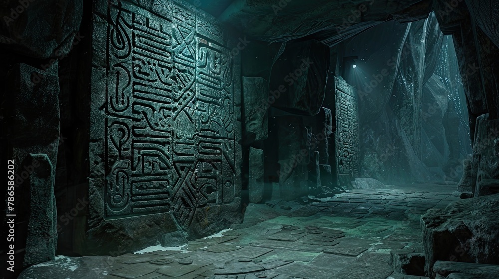 Illustration Stock Cryptic runes carved into the walls of a forgotten ...
