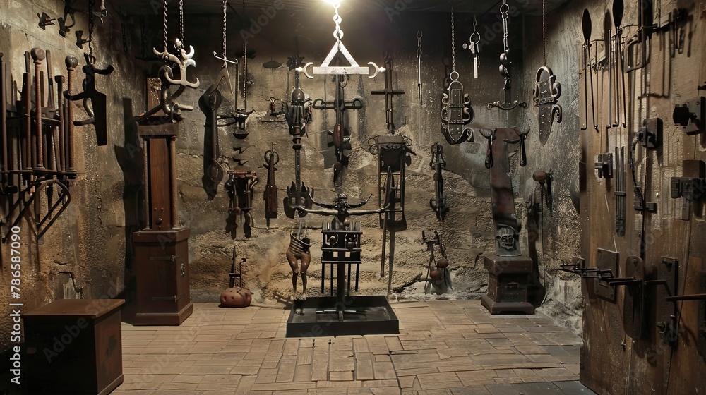 Torture chamber with an iron maiden and other gruesome device, chains ...