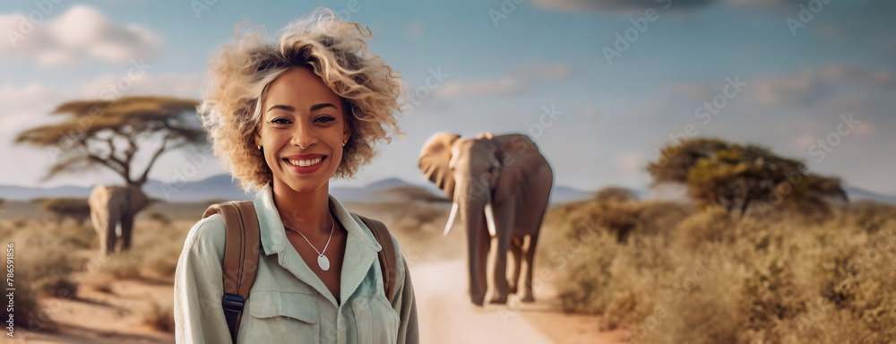 Stock-Foto „Smiling woman with elephants on an African savanna exudes ...