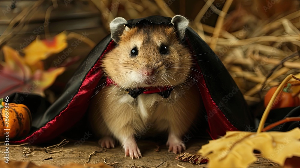 Hamster in a vampire costume. Mascot, man little friend, pet, close-up ...