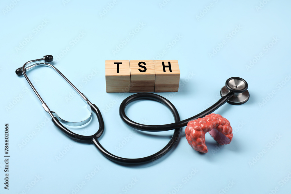 Endocrinology. Stethoscope, wooden cubes with thyroid hormones and ...