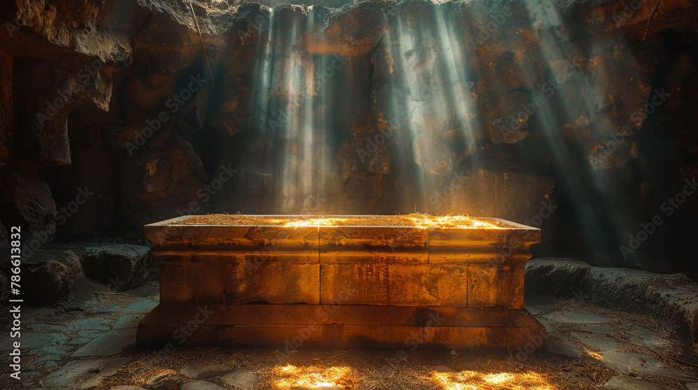 Art, abstract and empty tomb of Jesus Christ for Christianity, faith ...