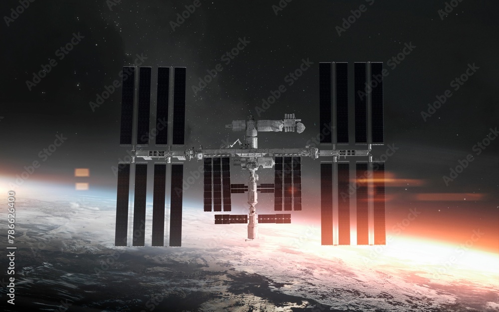 3D illustration of International space station at Earth orbit. High ...