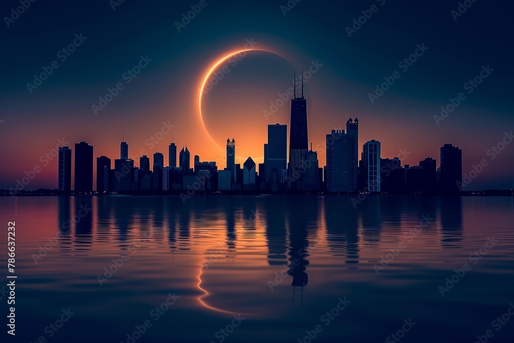 a solar eclipse in the sky over Chicago skyline, silhouette of ...