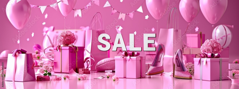 Huge text SALE pink background with shopping bags and high heels, . The ...