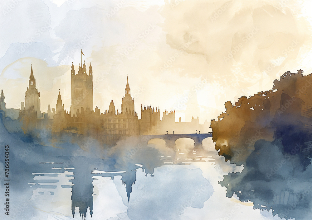 Traditional skyline painting of London city, in muted greys and blues ...