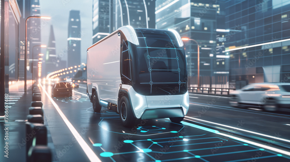 futuristic electric delivery minivan truck driving in city highway with ...