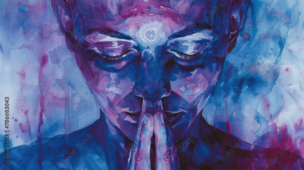 A serene figure with a third eye meditates against a vivid blue ...