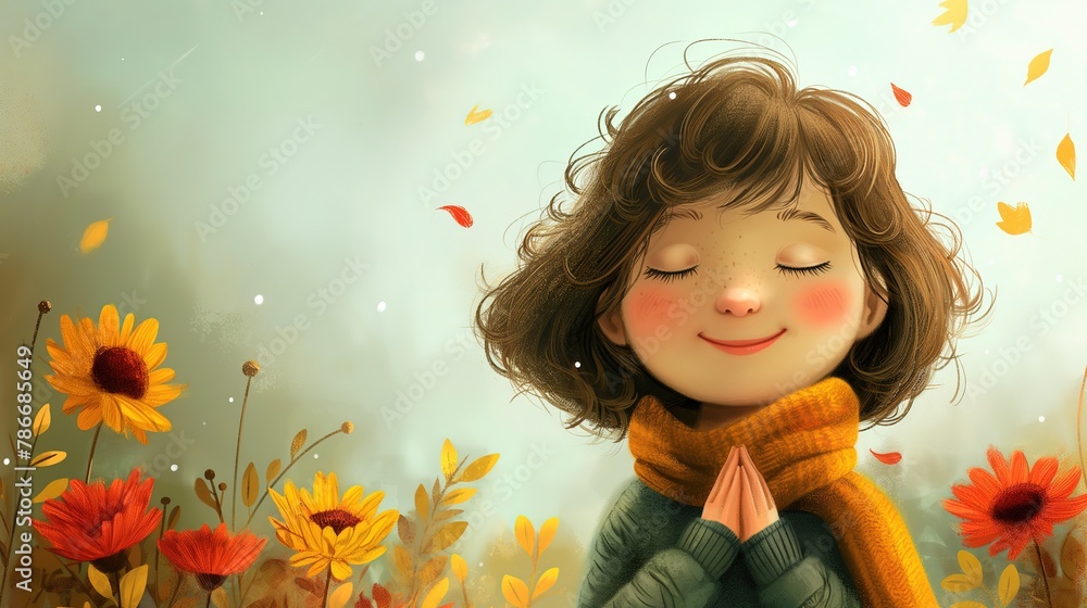 happy girl take deep breath at flower field, Children's book cartoon ...