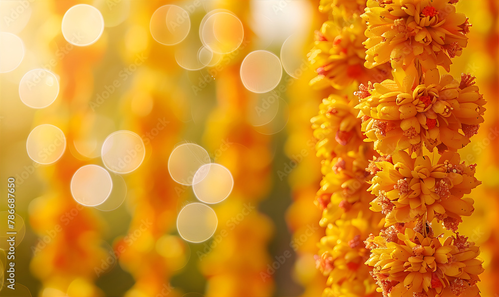Background with marigold flower garland. Backdrop for festival ...