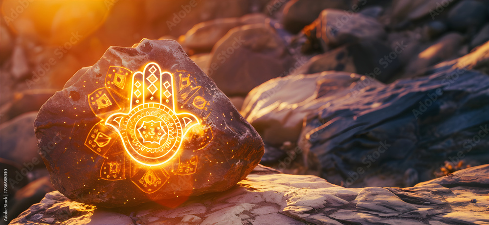 Glowing hamsa on a stone. Hamsa on the rock. Jewish symbol of positive ...